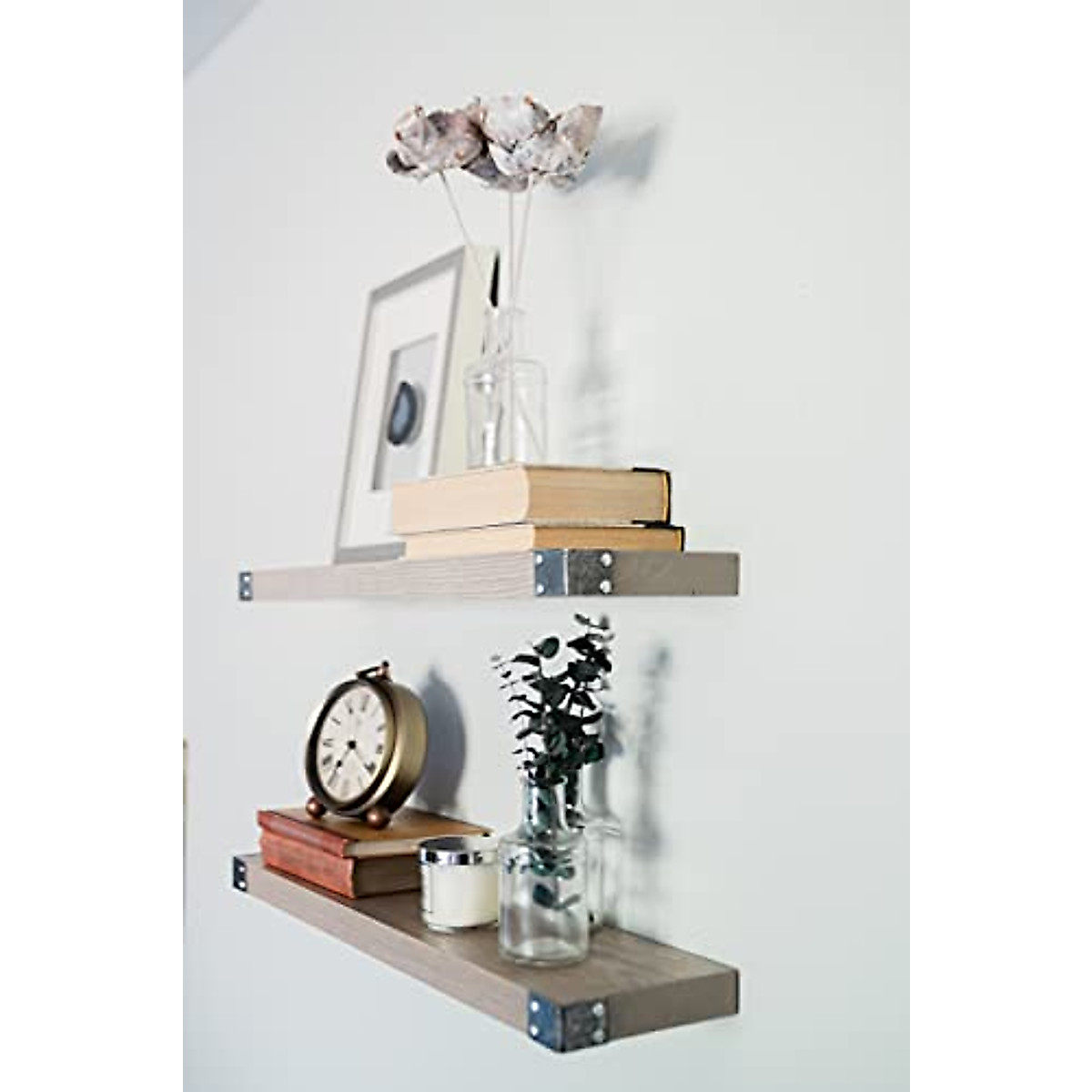 Willow & Grace Designs Modern Rustic Wooden Easily Mounted Floating Wall Shelves for Home Living Rooms and Bedrooms, Rustic Gray, 24 Inch, (Set of 2)