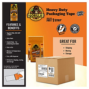 Gorilla Packing Tape Tough & Wide with Dispenser for Moving, Shipping and Storage, 2.83" x 35 yd, Clear, (Pack of 6)