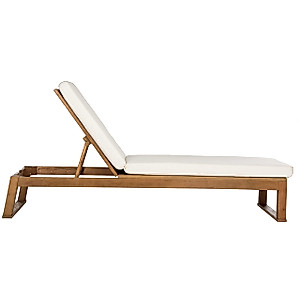 SAFAVIEH Outdoor Collection Solano Natural Brown Solid Wood/Beige Cushion Patio Adjustable Chaise Lounge Chair (PAT7024A)