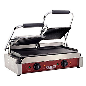 Kratos Commercial Electric Panini Sandwich Grill with Grooved Top and Smooth Bottom Plates, 18.7"x9" Cooking Surface, Commercial Countertop Panini Press, 120V, 3500W (29Y-025)