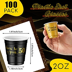 Ziliny 100 Pcs 50th Birthday Plastic Shot Glasses 2 oz Disposable Cups Bulk for Women Men Anniversary Wedding Party Decorations Favors