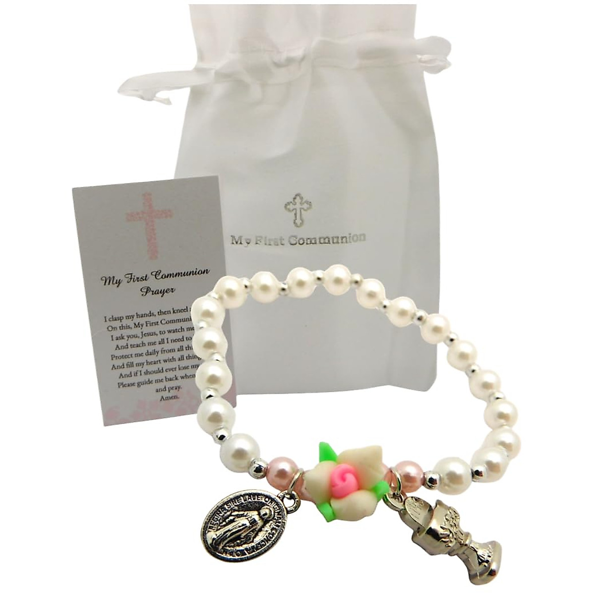 First Communion Rosary Bracelet Rose Stretch Wrist Fashion for Girls with Holy Prayer Card and Bag Gift Set