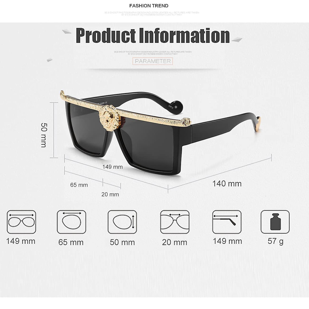 Dollger Square Flat Top Millionaire Hip Hop Luxury Sunglasses for Women Mens Shades(Black Lens+Gold Frame)