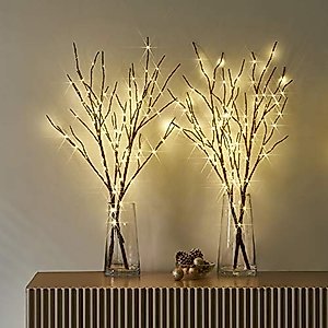 LITBLOOM Lighted Brown Willow Branches with Timer Battery Operated Set of 2 Tree Branch with Warm White Lights for Holiday and Party Decoration 32IN 100 LED Waterproof