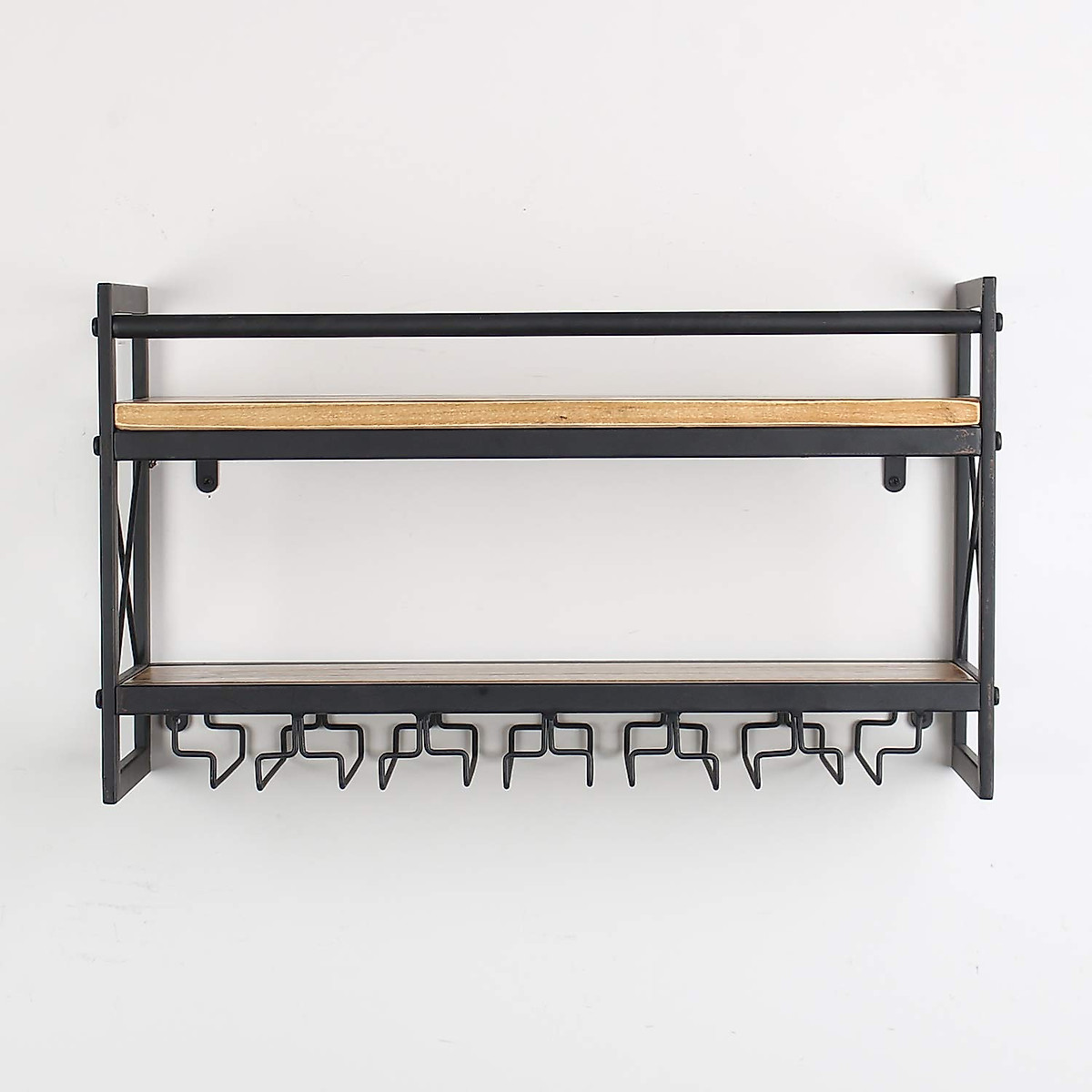 OISSIO Industrial Stemware Rack Wall Mounted,Wine Rack with Wood Shelves,2 Tier Stemware Storage with 6 Stem Glass Holder for Wine Glasses,Mugs,Home Decor,Black(24 inch)