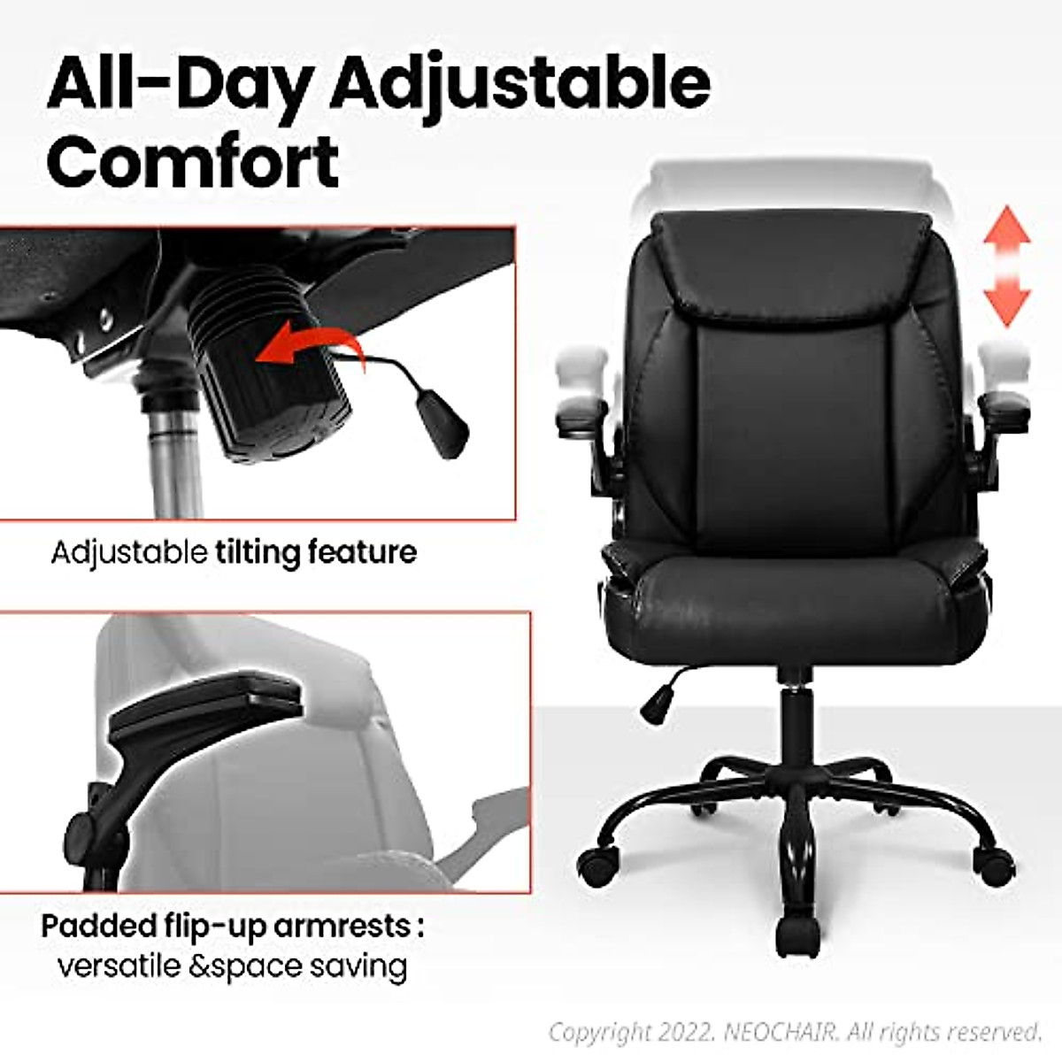 neo chair Office Chair Adjustable Desk Chair Mid Back Executive Desk Comfortable PU Leather Chair Ergonomic Gaming Chair Back Support Home Computer Desk with Flip-up Armrest Swivel Wheels (Jet Black)