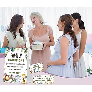 Baby Shower Games Family Traditions Sign, 1 Standing Sign and 50 Cards, Safari Jungle Wild Animal Gender Neutral Decoration, Gender Reveal Party, Bridal Shower Favor Supplies-LT50