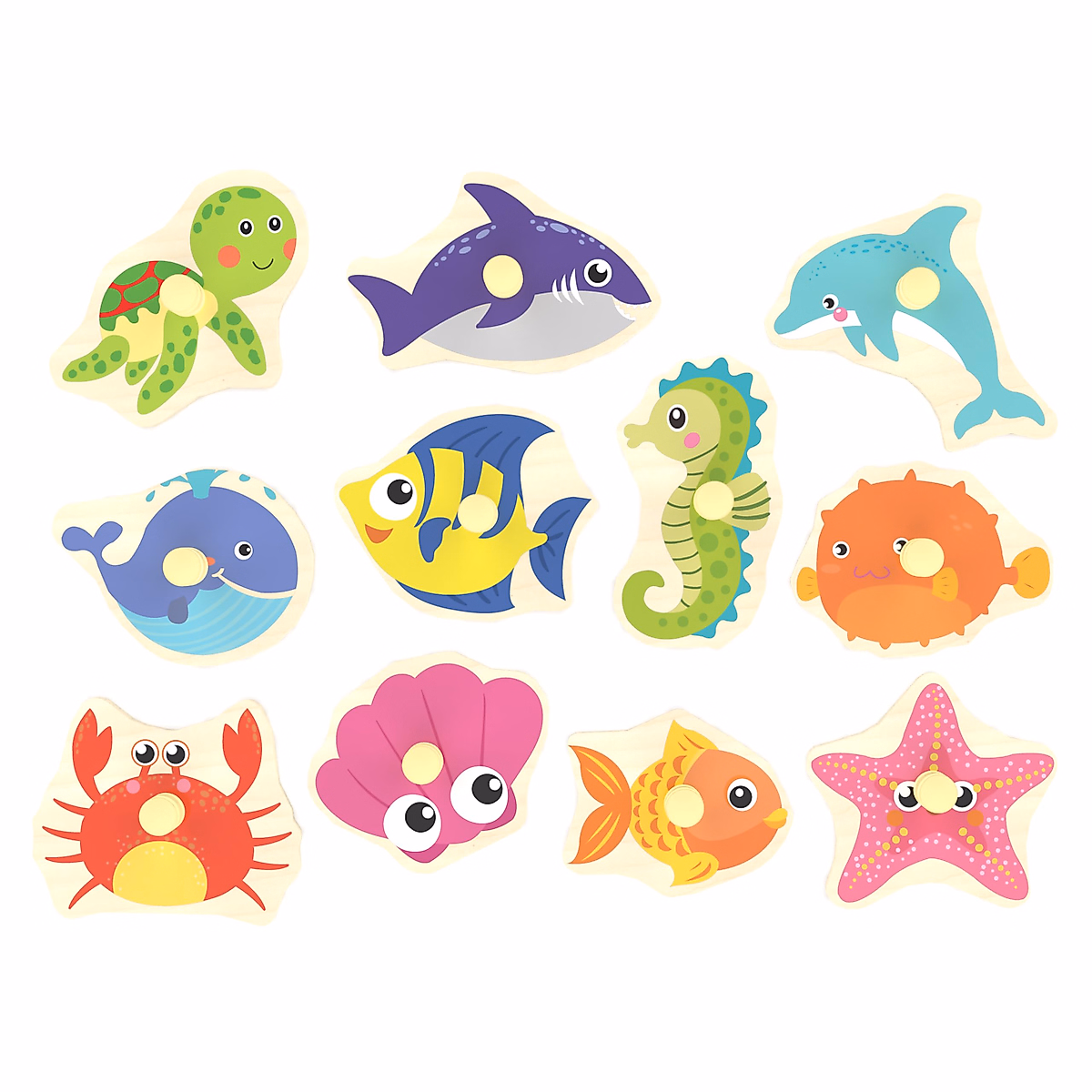 Wooden Peg Puzzle, Sea Creature Chunky Baby Puzzles, Colorful Wood Shape Puzzle Peg Board, Animal Knob Puzzle for Educational Toddlers 18 Months and Up, 11 Pieces