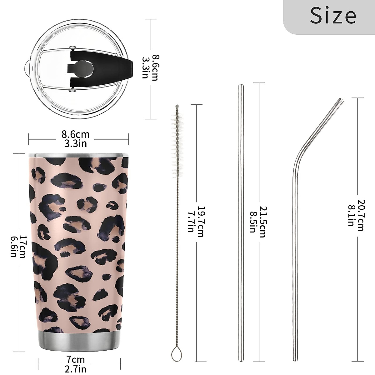 Leopard Print Cheetah Pink Insulated Tumbler Cup with Straw Lid Vacuum Reusable Stainless Steel Water Bottle Coffee Travel Mug 20oz