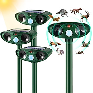 Ultrasonic Animal Repellent Outdoor Deer Repellent Sonic Cat Repellent Deterrent Solar Animal Repeller Squirrel Rabbit Repellent Raccoon Repellent with PIR Motion Detection Stray Cat Devices,4 Pack