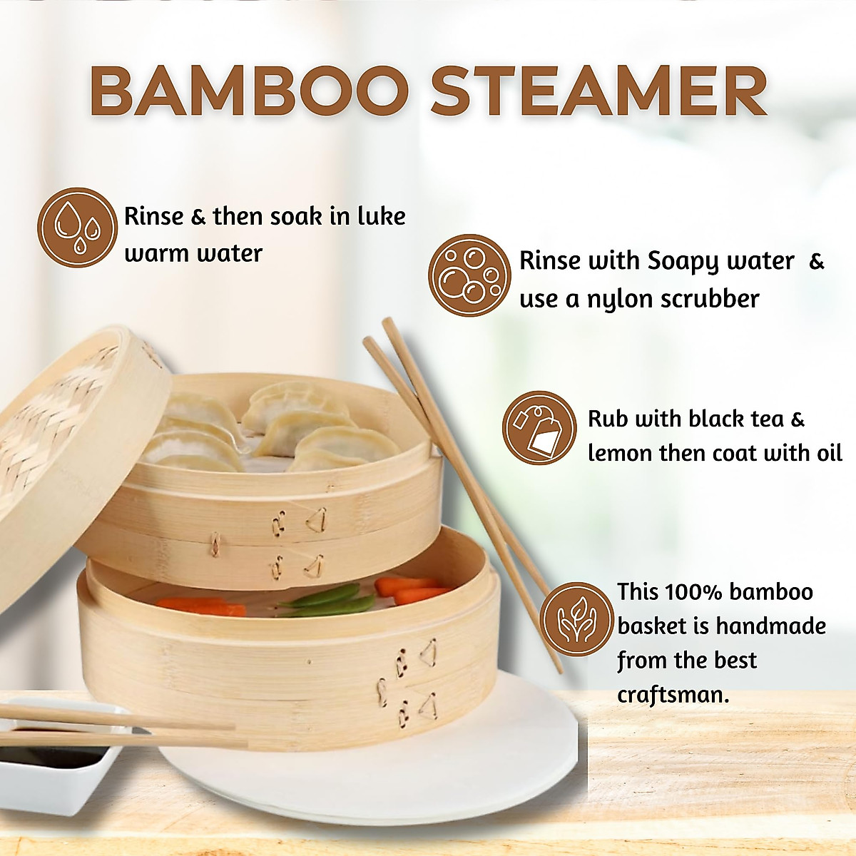 Misha's Homely Finds Bamboo steamer basket 2 tier 10 inch, 50 reusable paper liners, 2 pairs chopsticks, 1 ceramic sauce dish natural homemade food basket