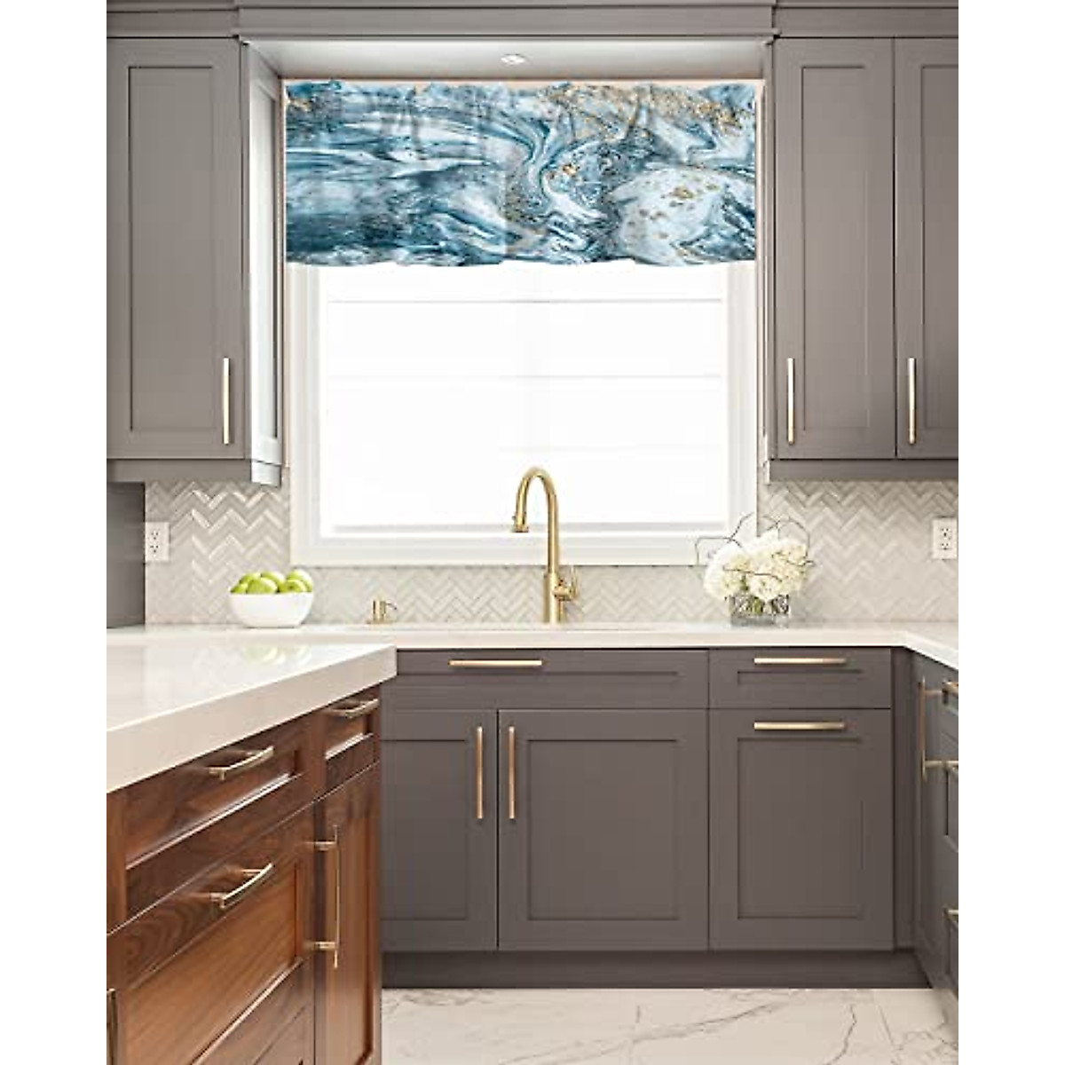 DoremiHome Marble Liquid Abstract Art Window Valance Rod Pocket Curtain Valance for Kitchen/Living Room,Blue White Gold Gradient Short Curtain Panels Window Treatment Decor Curtains 54x18in