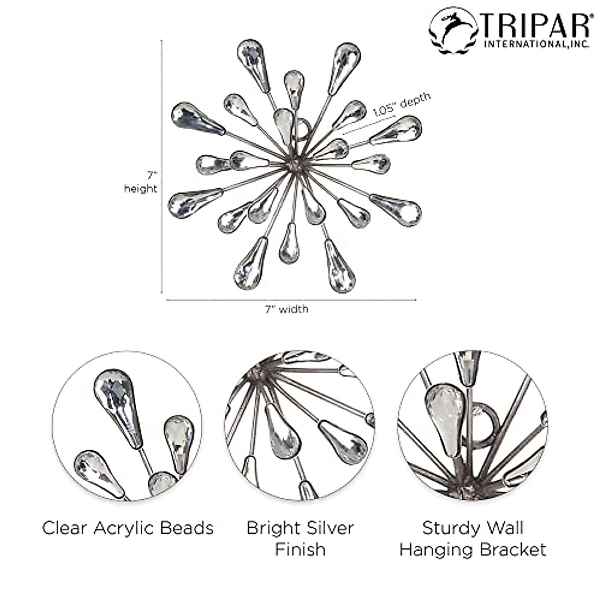 TRIPAR Small 7" DIA Silver Starburst Wall Decor Art - Made with Clear Acrylic Beads, Sparkly Metal Wall Decal Burst, Easy Mount