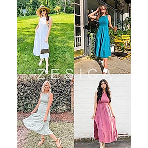 ZESICA Women's Summer Casual Sleeveless Crew Neck Smocked High Waist Flowy Tiered A Line Midi Dress,ArmyGreen,Medium