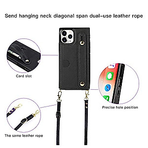 DEFBSC Crossbody Case for iPhone 12, iPhone 12 Pro Case 5G, Finger Strap Wallet Case with PU Kickstand and Adjustable Detachable Crossbody Strap Card Slot Heavy Duty Protective Square Cover-Black