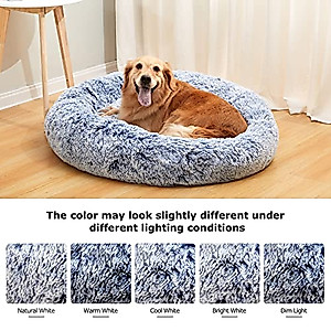 Bedfolks Calming Donut Dog Bed, 36 Inches Round Fluffy Dog Beds for Large Dogs, Anti-Anxiety Plush Dog Bed, Machine Washable Pet Bed (Navy Blue, Large)
