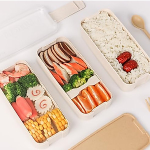 LETSKAB 2-Piece 3-in-1 Compartment Wheatgrass Bento Lunch Box Stackable lunch containers Leak Proof Eco-Friendly Adult Meal Prep Lunch box Container (Pink/Beige)