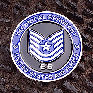 Air Force Technical Sergeant E6 Challenge Coin! United States Air Force Tech Sergeant Rank Military Coin. E-6 USAF Challenge Coin! Designed by Military Veterans - Officially Licensed Product!