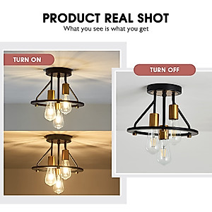 Qgiytp Industrial Semi Flush Mount Ceiling Light Fixture 3-Light Matte Black and Gold Chandelier E26 Farmhouse Ceiling Lamp for Entryway Hallway Bedroom Passway Balcony