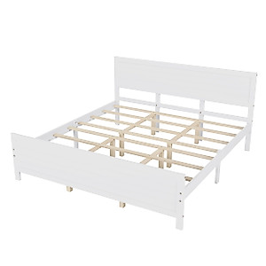 JULYFOX Wood Bed Frame King Size, White Color Solid Pine Wood Platform Bed with Headboard Footboard 600 lbs Heavy Duty No Box Spring Needed(White-2, King)