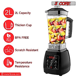 5 Core 2L Professional Countertop Blender Touch Screen For Kitchen 68 Oz 2000W High Speed BPA Free 6 Titanium Blade Smoothie Blender Electric For Soup Shake Juice Multi-Speed Digital JB 2000 D