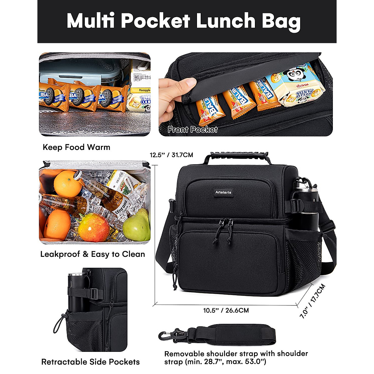 Artelaris Lunch Bag for Men Women, Dual Compartment Insulated Lunch Bag, Large Double Deck Leakproof Cooler Tote Bag with Side Pockets & Shoulder Strap Lunch Box for Picnic Work Camping Fishing