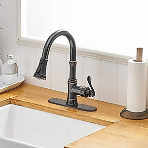 Homevacious Kitchen Faucet Oil Rubbed Bronze with Pull Out Sprayer 3 Spray Modes Single Handle Singe Lever High Arc Farmhouse Kitchen Sink Faucet with Deck Plate Lead-Free Pull Down Sprayer