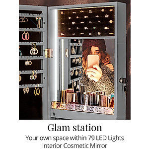 LUXFURNI LED Jewelry Organizer, Standing Jewelry Storage Cabinet with Full-Length Mirror, Lockable Jewelry Armoire with Drawers, Grey, 60.2''H*18.7''L*14.4''W (STELLA6GS)