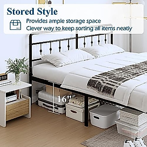 DiaOutro 16 Inch King Bed Frame with Headboard and Footboard, Classic Metal Platform No Box Spring Needed Heavy Duty Victorian Style Iron-Art Mattress Foundation/Under Bed Storage/Noise Free