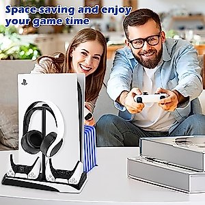 PS5 Cooling Station with RGB LED for Playstation 5 Console, Grathia Dual Fast PS5 Controller Charging Station with Cooling Fan, PS5 Controller Charging Doking Station with 12 Games & Headset Holder