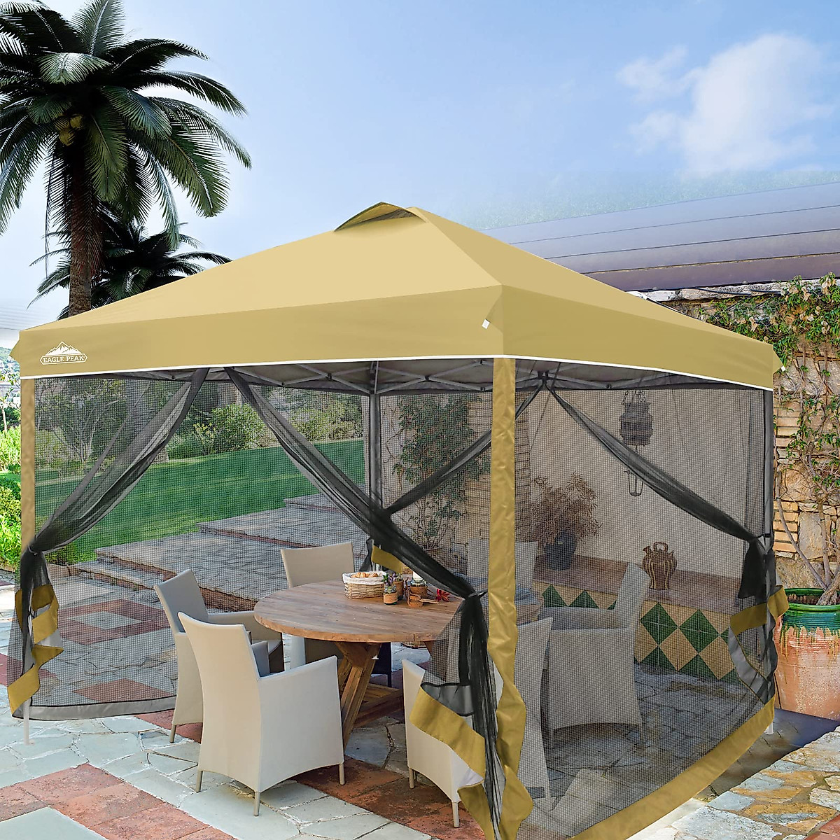 EAGLE PEAK 10x10 Outdoor Easy Pop up Canopy with Netting, Instant Screen Party Tent with Mesh Side Walls, Beige