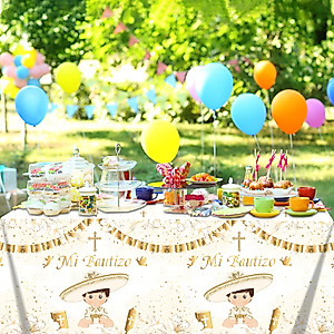 GREHUMOR Mi Bautizo Decoration-First Communion Tablecloth for Boy God Bless,Baptism Party Decoration Christening Party Supplies 2PC