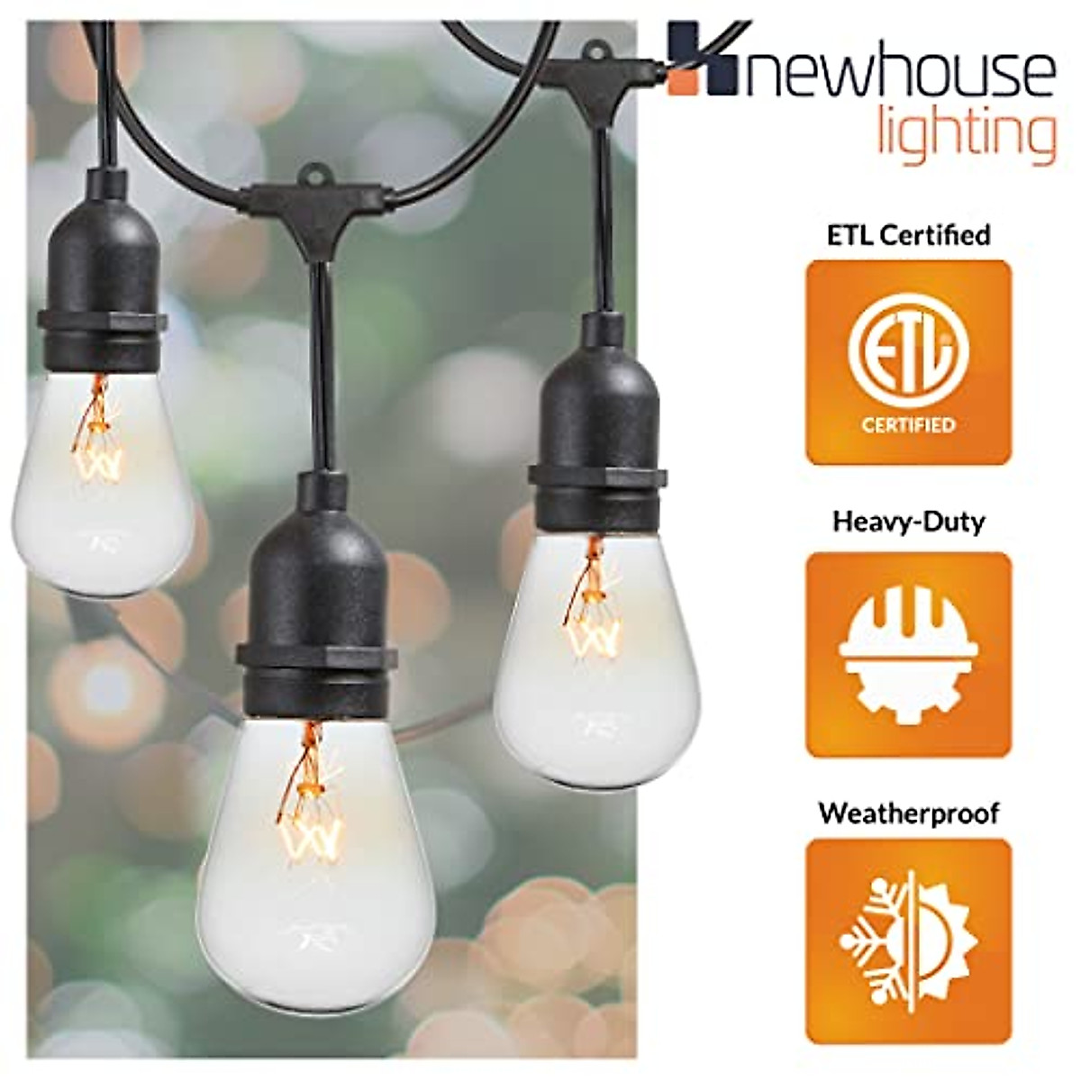 Newhouse Lighting Outdoor String Lights with Hanging Sockets Weatherproof Technology Heavy Duty 48-foot Cord 18 Lights Bulbs Included (3 Free Replacement), Black