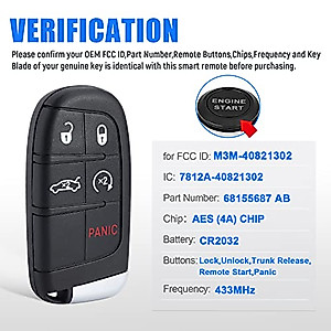 Keymall Smart Car Key Fob Keyless Entry Remote Replacement 5 Buttons for Chrysler 200 300 for Dodge Charger Challenger 2019 2020 2021 4A Chip (M3M-40821302 68155687 AB)