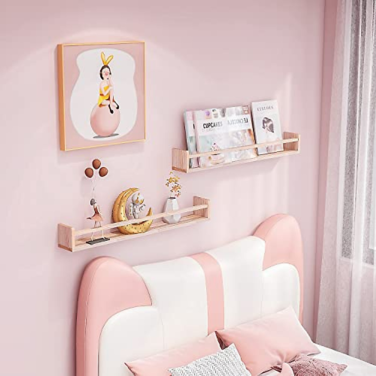 Esonal Floating Nursery Book Shelves Natural Wood 36 Inch Wall Mounted Floating Shelf for Room Cosmetic Storage Shelves Bathroom Storage Shelves Display Shelf Set of 2