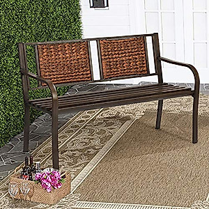Giantex Patio Garden Bench Heavy-Duty Ergonomic Loveseat W/Powder Coated Steel Frame,Decorative Rattan Backrest & Curved Armrest for Outdoor Garden, Backyard, Lawn, Porch, Path Park Bench