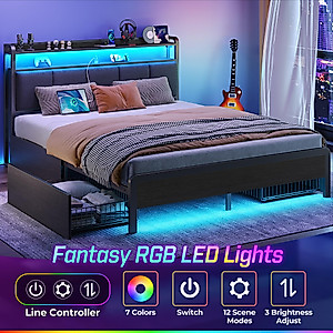 Rolanstar Bed Frame Queen Size with Charging Station and LED Lights, Upholstered Storage Headboard with Drawers, Heavy Duty Metal Slats, No Box Spring Needed, Noise Free, Easy Assembly, Dark Grey