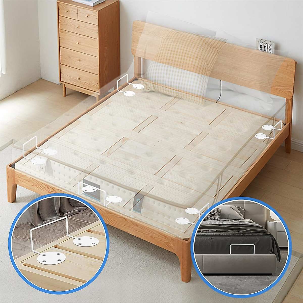Non Slip Mattress Slide Stopper, Retainer Bar Anti-Slip Baffle Secure Grip Fits Most Wooden Bed Frames Easy Installation Metal Pad Gripper 6PCS White