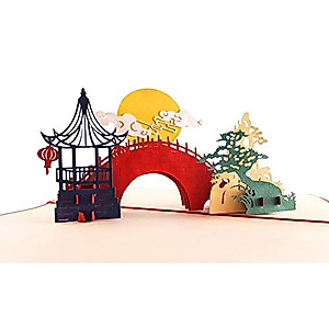 iGifts And Cards Inspirational Asian Pavilion Scenery 3D Pop Up Greeting Card Full Moon, Romantic Bridge, Lanterns, Pine Tree, Half-Fold, All Occasion, Birthday, Mid-Autumn Festival, Chinese New Year
