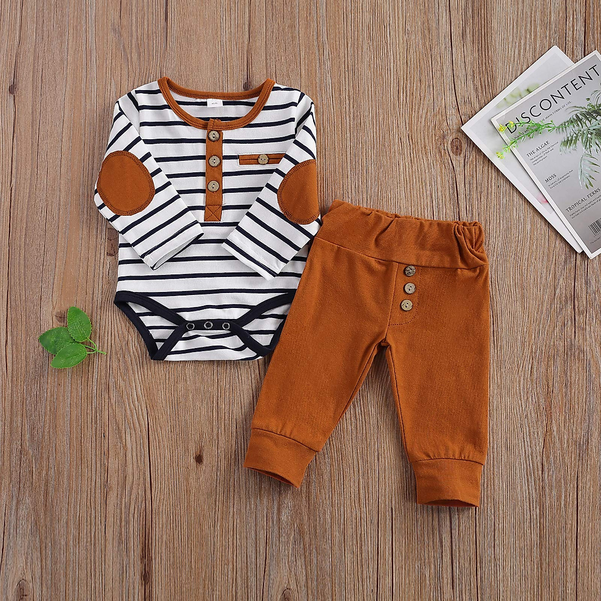 2Pcs/Set Newborn Baby Boys Outfit Long Sleeve Striped Bodysuit Romper Solid Pants Fall Winter Clothes (Khaki, 0-3 Months)