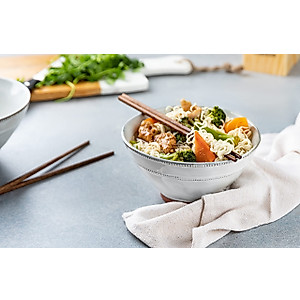 KooK Ramen Bowls, Terracotta Japanese, Microwavable, Dishwasher Safe, for Rice, Udon, Soba, Pho, 36 oz, with One Set of Wooden Chopsticks, Set of 2 (Cloudy White)