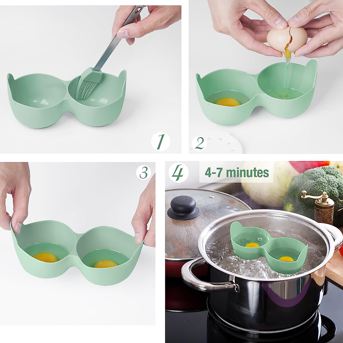 Microwave Egg Poacher, 2 Cavity Silicone Poached Egg Cooker with Lid and Handle for Microwave, Instant Pot and Stovetop, Egg Poacher Cups Kitchen Cooking Tools Dishwasher Safe Pack of 4 (Green)