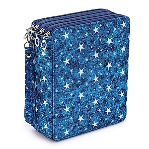 BTSKY Colored Pencil Case- 160 Slots Pencil Holder Pen Bag Large Capacity Pencil Organizer with Handle Strap Handy Colored Pencil Box with Printing Pattern Blue Star