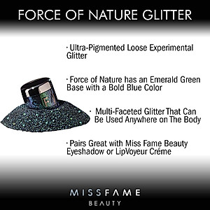 Miss Fame Loose Glitter for Lips, Face & Body - Iridescent Blue w/Emerald Green Base - Dramatic Holographic Makeup | Perfect for Women, Men, Makeup Artists & Drag Enthusiasts (Force of Nature)