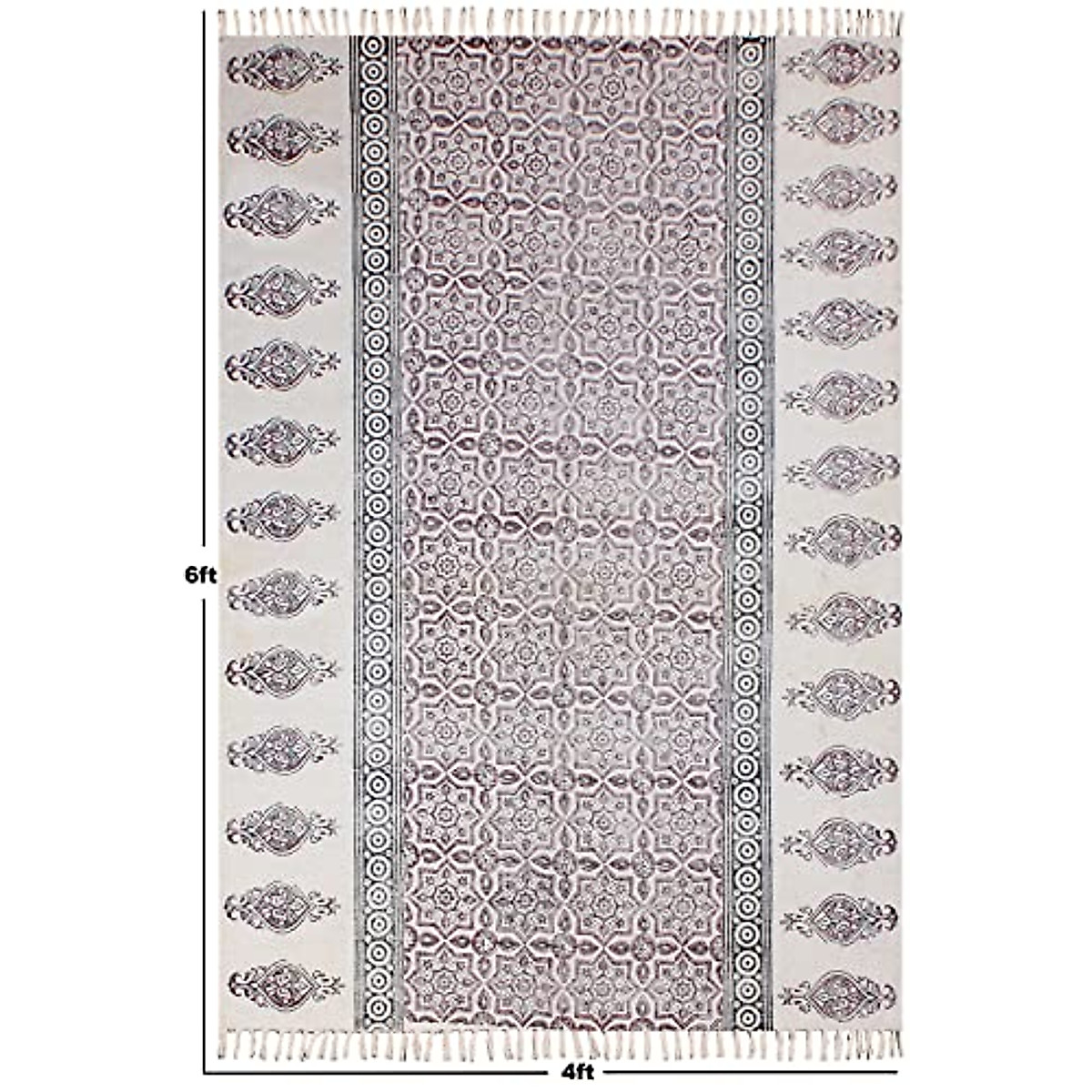Casavani Hand Block Printed Cotton Dhurrie Geometric Brown & Black Tassel Rug Easy Care Washable Rugs for Doormat Entryway Living Room Bedroom Hallway Balcony 9x9 Feet Square