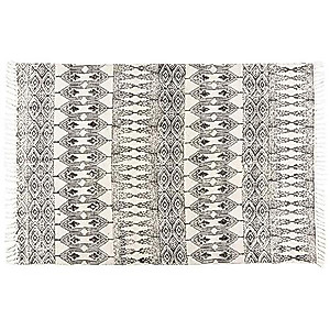Eyes of India - 4 X 6 ft Off-White Black Cotton Block Print Area Dhurrie Rug Flat Weave Hand Woven Tassel Boho Chic Indian Bohemian Accent Handmade Handwoven