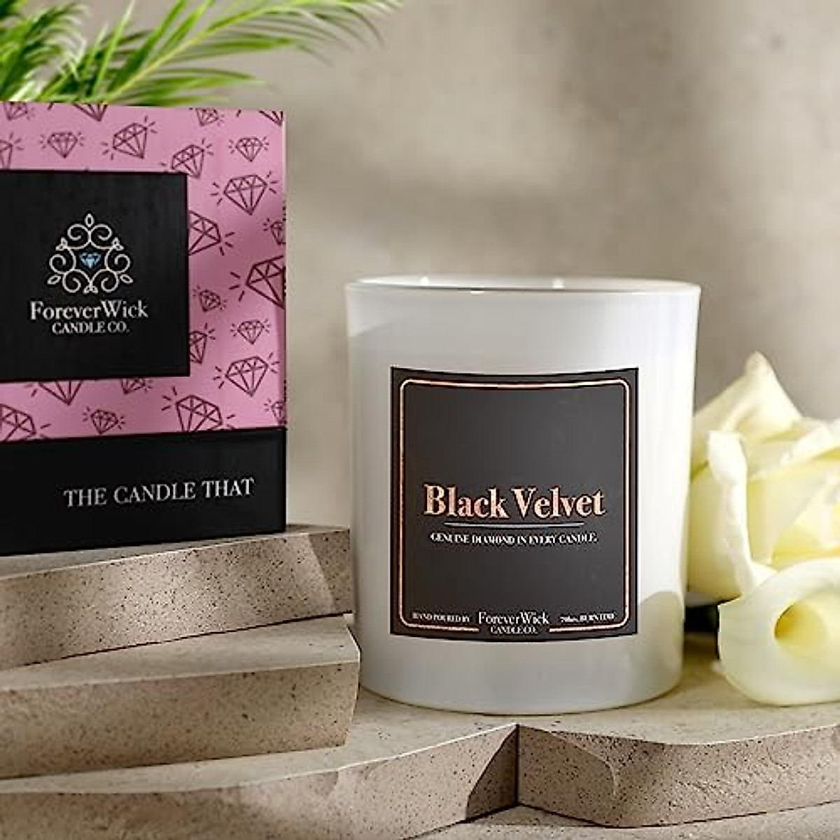 Foreverwick Black Velvet Majestic Moss Surprise Soy Wax Candle with Diamond Inside 14Oz Jar, Large Candles, Scented, Gift Women, Glass, Large Size, Double Pour Inspired, 70 Hours