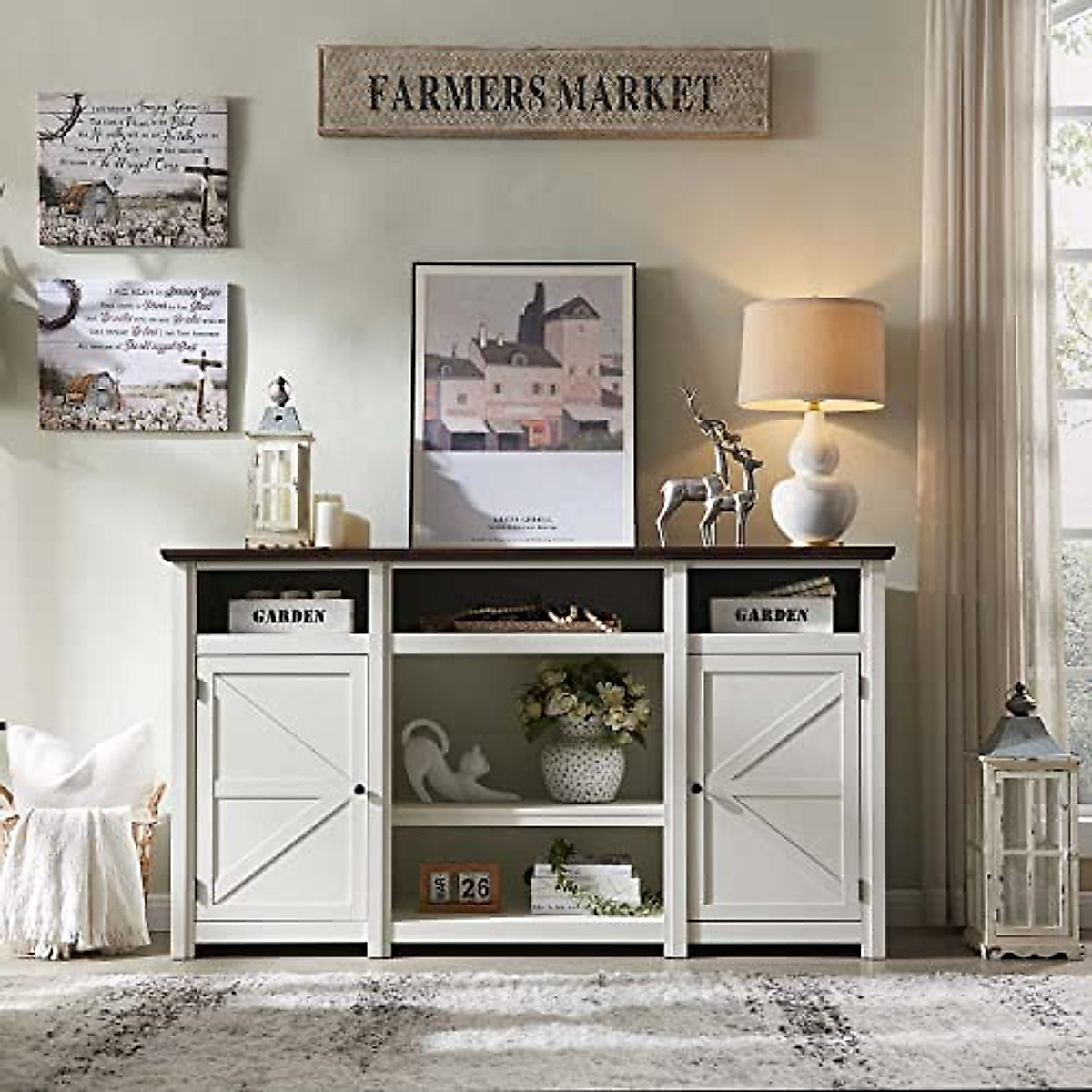 SinCiDo Farmhouse TV Stand for TVs Up to 80 inches, 39" Tall Highboy Entertainment Center w/Barn Door, Large Wood Rustic TV Console Cabinet w/Adjustable Shelves for Living Room, 70inch, White