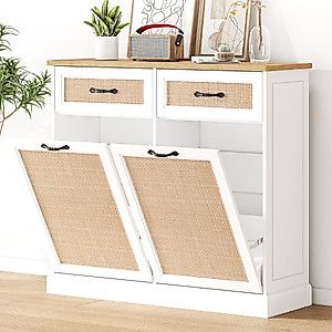 GAOMON Trash Storage Cabinet for 20 Gallons, Double Tilt Out Trash Cabinet Freestanding for Kitchen Dining Living Room, Hidden Garbage Bin Cabinet Dual Doors - Rattan