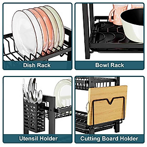 Kitchen Counter Dish Drainer Rack, with Utensil & Cutting Board Holder & Drip Tray, Multi-Function Large Capacity Dish Drain Rack,Black,2 Tier